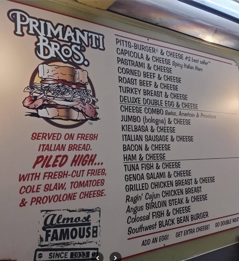 Primanti Bros. Restaurant and Bar Restaurant Menu | Famous Sandwiches ...