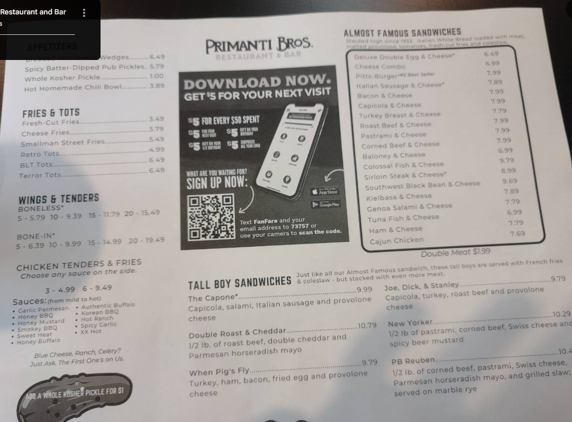 Primanti Bros. Restaurant and Bar Restaurant Menu | Famous Sandwiches ...